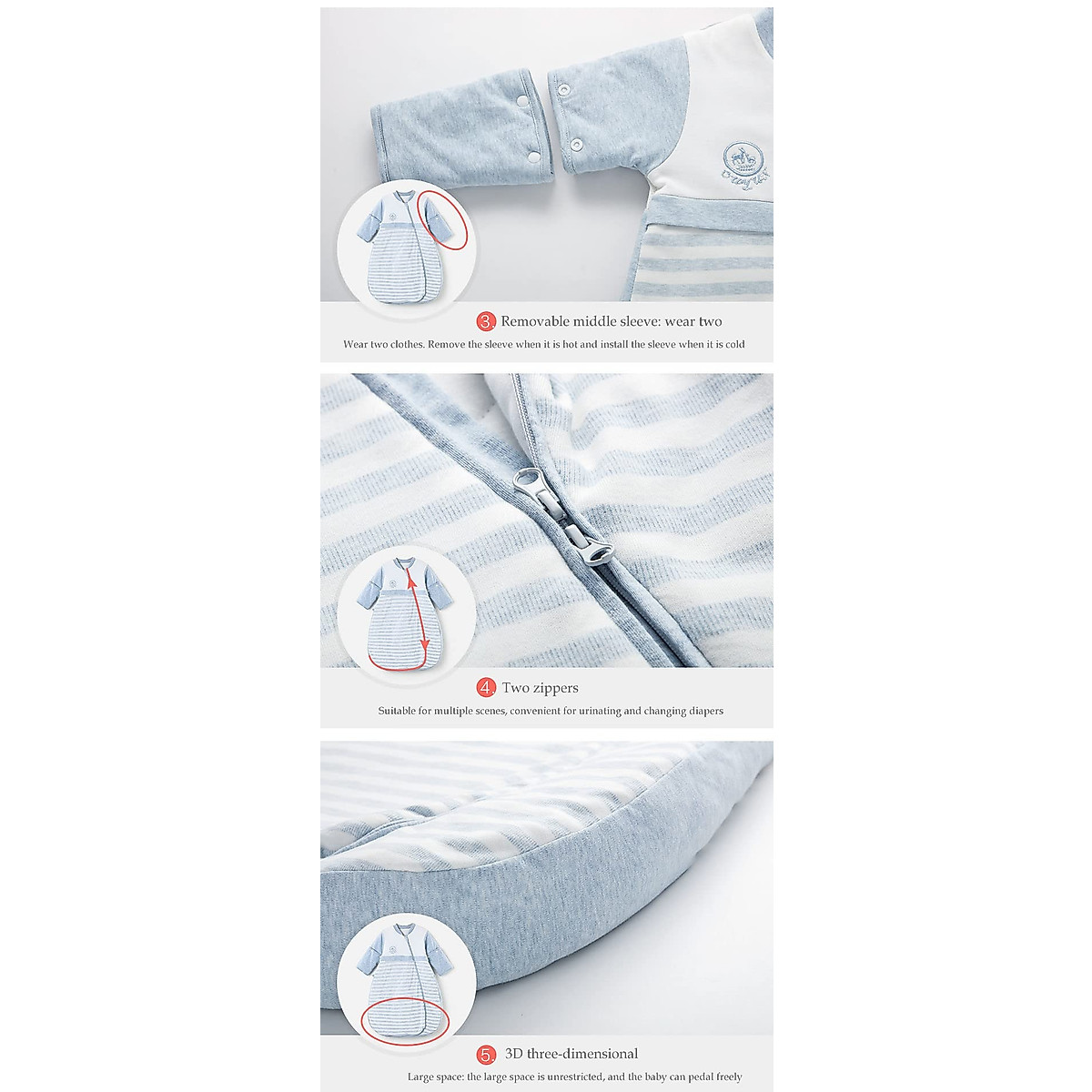 OuYun Baby Organic Sleeping Bag Detachable Sleeve Wearable Blanket,Grey,Double Layer for 68-77℉