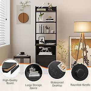 Aufvolr 6 Tier Bookshelf with Cabinet，Tall Night Stand with Charging Atation, Wood Book Shelf Storage Organizer, Modern Display Standing Shelf Unit for Bedroom, Living Room, Office (Black)