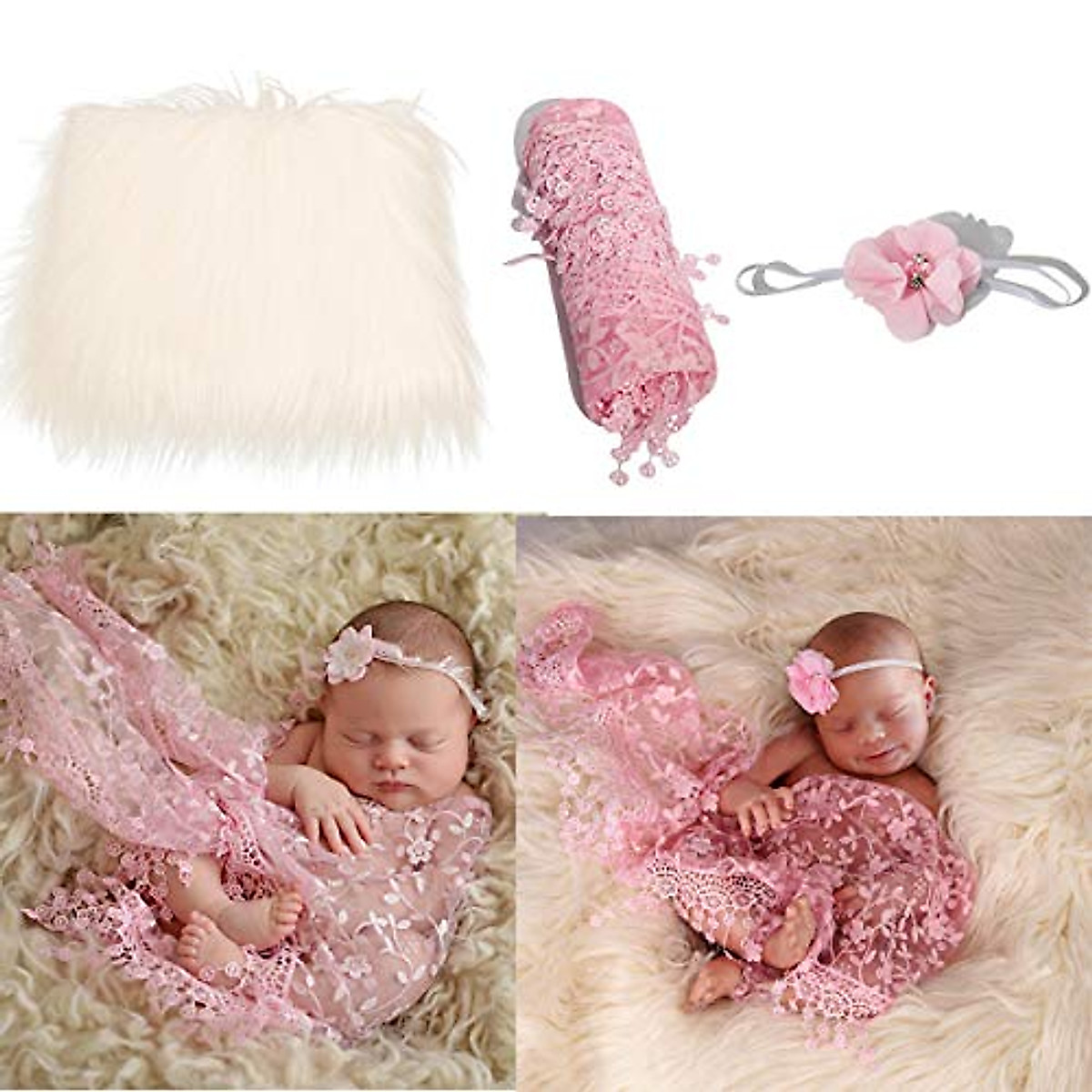 Baby Photo Props Set Infant Outfits Soft Fluffy Blanket Wrap Headband Photo Backdrop Rugs Newborn Photography Wrap Mat for Baby Boys Girls 3PCS Pink