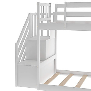 SOFTSEA Twin Over Twin Floor Bunk Bed with Slide and Stairs Wooden Bunk Beds for Kids, No Box Spring Needed(White)