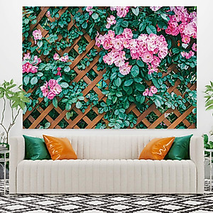 Qinunipoto Garden Fence Tapestry Spring Floral Scene Tapestry Wall Hanging Pink Flower Blossom Green Leaves Wood Fence Tapestry for Living Room Bedroom Dorm Home Room Decor 39X27inch