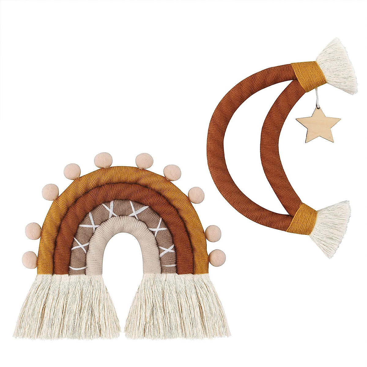 ZWADOU Rainbow Moon Wall Hanging,Rainbow Moon Wall Art,Handmade Macrame Rainbow Wall Decor for Nursery Kids Room Home Decor, Yellow+brown, rainbow:8*7in,luna:9.5*5.5in