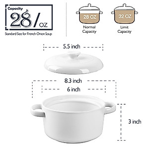 DELLING 28 Oz Soup Bowls with Handles and Lids, Large French Onion Soup Bowls, Ceramic Soup Crocks for French Onion, Oven Safe Bowls for Chili, Beef Stew, Cereal, Pot Pies, Bowls Set of 4, White