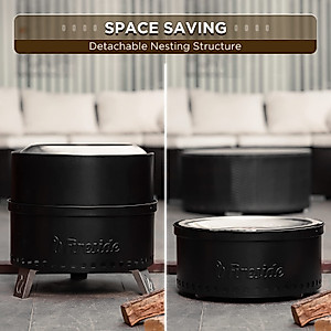 TURBRO 19 Inch Smokeless Fire Pit for Outdoor Wood Burning, Portable Stainless Steel Camping Stove with Stand, Removable Ash Pan, Waterproof Storage Bag, Unique Nested Design, Pluto R19-PG, Black