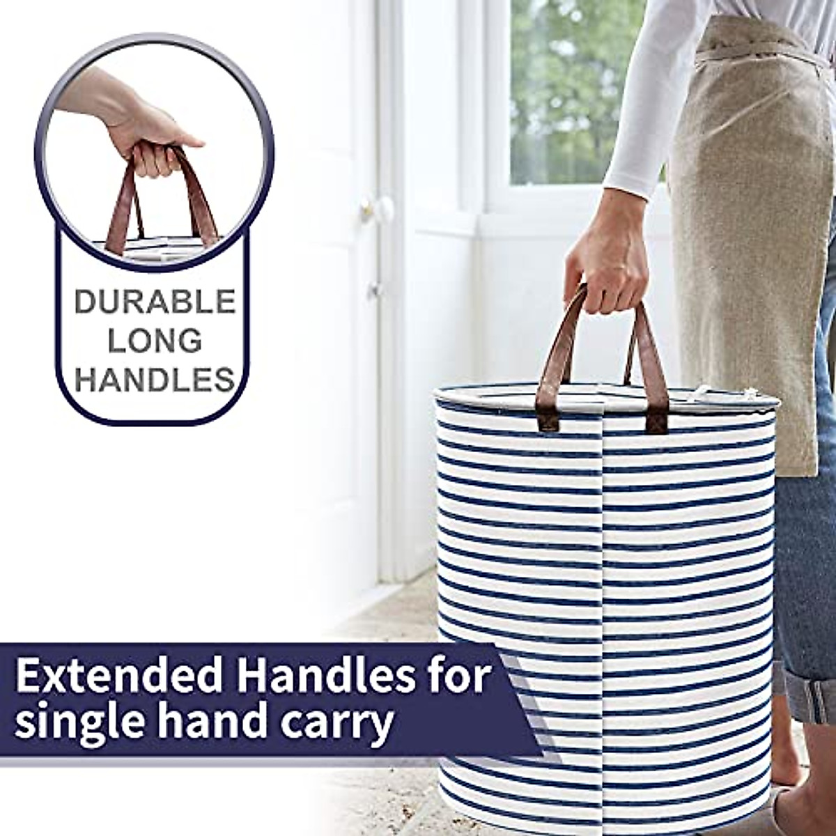 [2 Pack] Yiclick 19 inches 58L Collapsible Large Laundry Hamper, Waterproof Freestanding Laundry Baskets with Extended Handles, Foldable Dirty Clothes Hamper Baskets For Baby Kids Nursery(Blue Stripe)