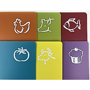 Set of 6 Color Coded Flexible Plastic Cutting Boards for Kitchen with Food Logos (12x15") - BPA Free, Anti-Slip
