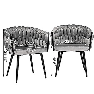 Adeco Velvet Dining Set of 2, Modern Accent Arm Living Room Black Metal Legs, Upholstered Leisure Chair with Hand Woven Backrest for Kitchen Side Table, Grey