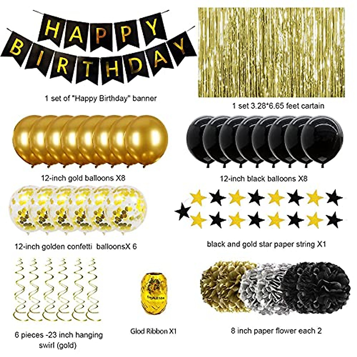 Birthday Decorations for Men,Black And Gold Party Decorations Boys Happy Birthday Decorations with Banner Birthday Party Supplies