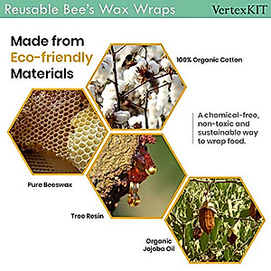 Beeswax Wrap by VertexKIT - ECO-Friendly Reusable and Washable Wraps - Biodegradable Reusable - Plastic-Free, Alternative and Sustainable Food Storage - Re-washable All Natural - Keeps Produce Fresh