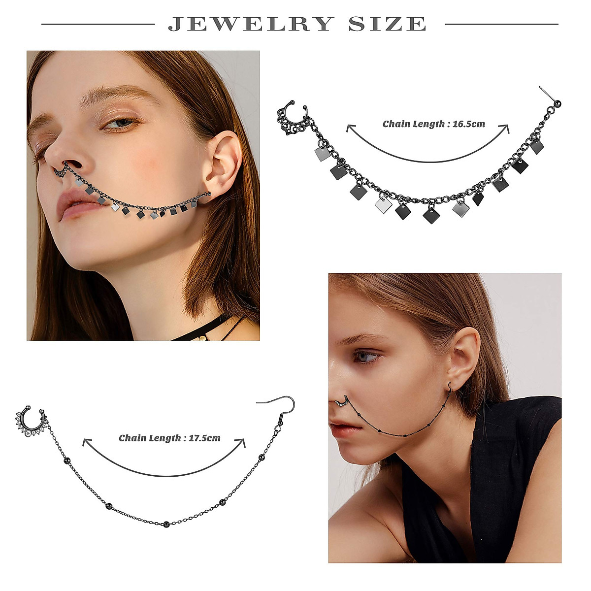 Drperfect Fake Nose ring for Women Men Non Piercing Nose Hoop Ring Chain to Ear Nose Studs Horseshoe Septum Ring Clip On Faux Septum Piercing Jewelry