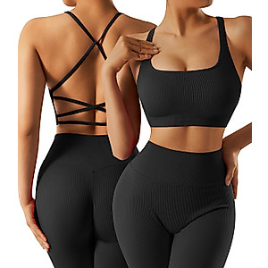 OMKAGI Women Ribbed Workout Sets Seamless Strappy Sport Bra Butt Lifting Leggings Outfits(S,04-Black)