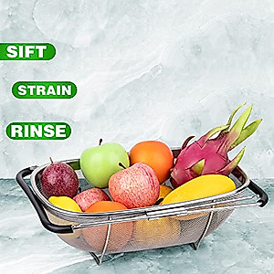 6-Quart Large Over The Sink Colander, 18/8 Stainless Steel Fine Mesh Strainer Basket with Expandable Rubber Grip Handles - Strain, Drain, Rinse Fruits, Vegetables