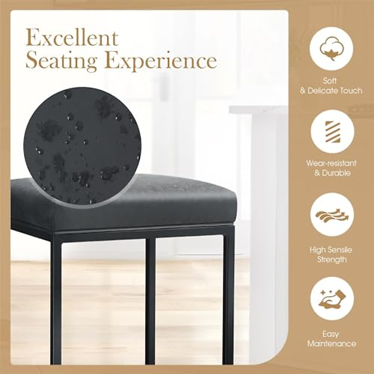 Sophia & William Counter Height 24" Bar Stools Set of 3 Backless Bar Stools for Kitchen Island,Modern PU Leather Square Bar Stools with Metal Steel Frame & Footrest,Black