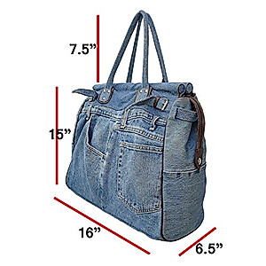 Bijoux De Ja X-Large Blue Denim Double Top Handle Tote Shopper Handbag Purse for women