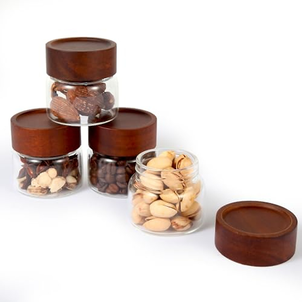 DOPHCOZFFY Salad Dressing Container To Go, 4.2 oz Glass Small Condiment with Lids, Dipping Sauce Cups Set, Leakproof Reusable for Lunch Box Work Trip (Bamboo and wood glass jar 4PCS)