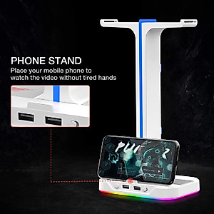 havit RGB Gaming Headphone Stand Desk Dual Headset Hanger Base with Phone Holder & 2 USB Ports for Desktop PC Game Earphone Accessories