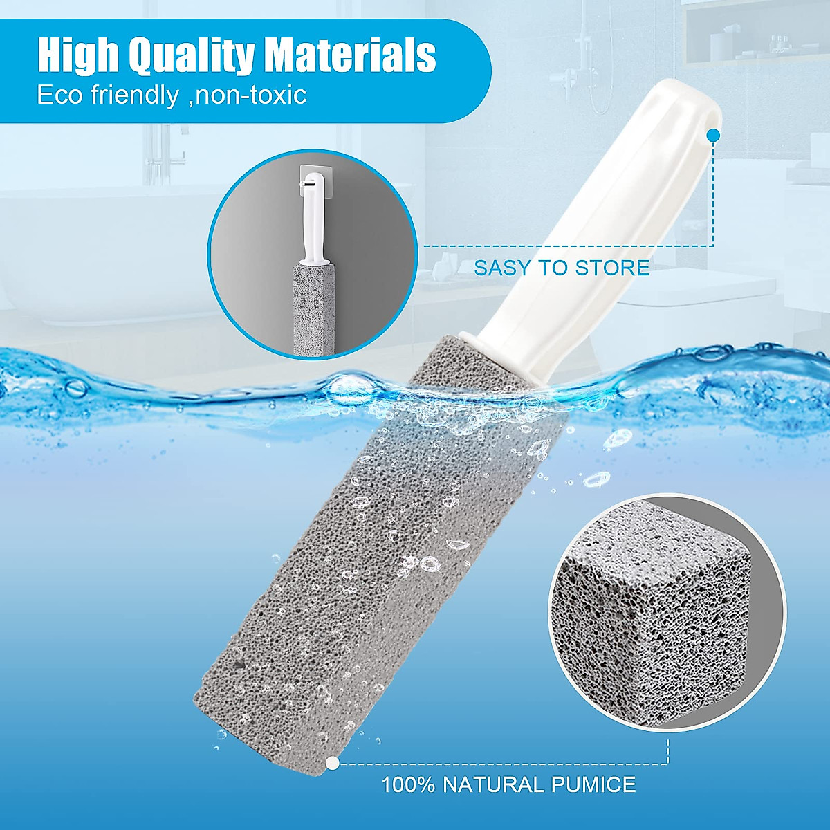 Pumice Stone Toilet Bowl Cleaner with Handle - Pumice Stone for Toilet Cleaning - Stain Remover - Also Cleans Limescale, Hard Water Rings, Tiles, Iron and Rust, Household Cleaning 4 Pack
