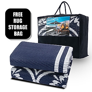 HUGEAR Outdoor Rug Mats, Large Waterproof Area Rug, Reversible Portable Outdoor Plastic Straw Carpet for RV Deck Camping Front Door Indoor Outside Porch Picnic (5x8ft Lantern Navy Blue&White)