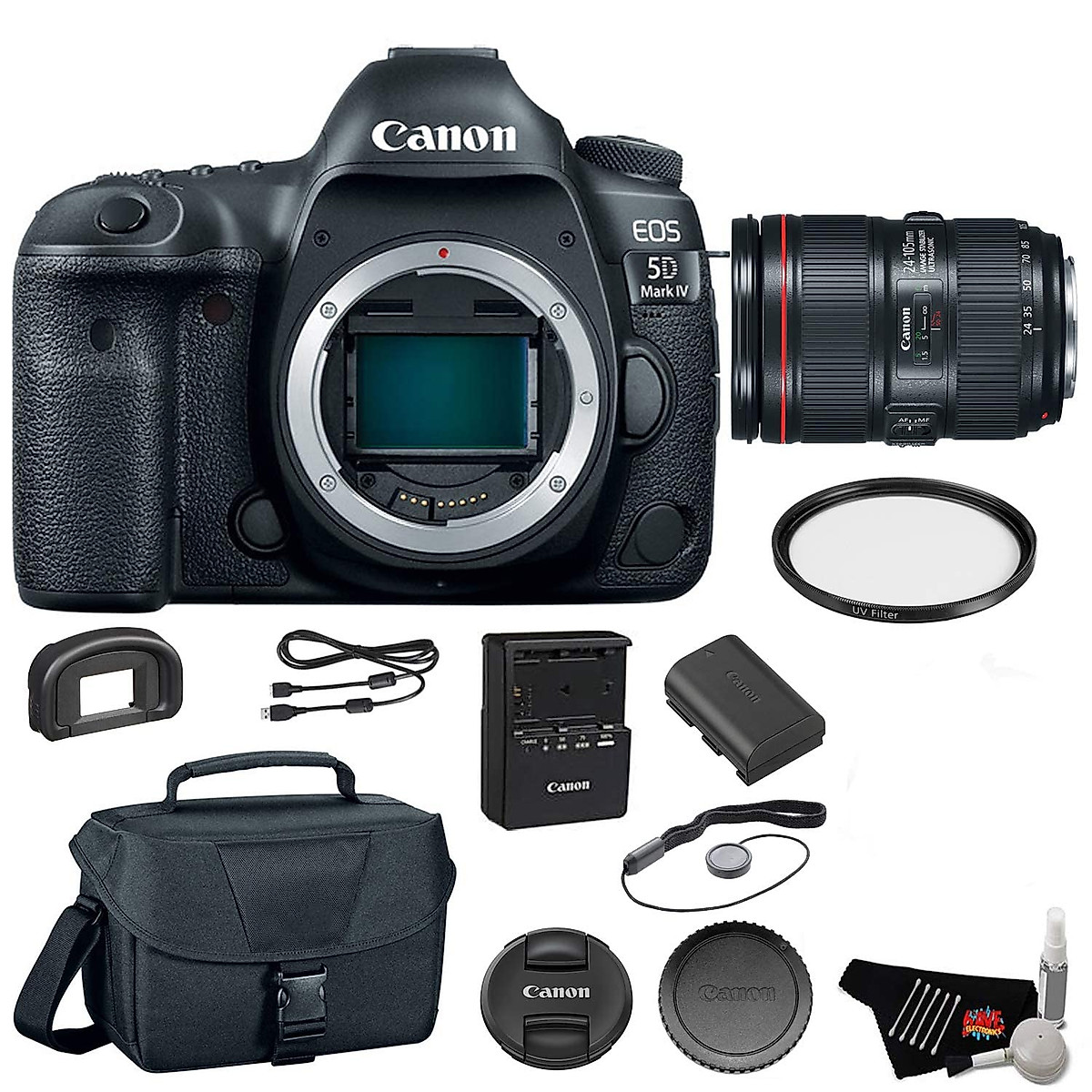 Canon EOS 5D Mark IV Digital SLR Camera with 24-105mm f/4L II Lens - Bundle with UV Filter + Canon Carrying Bag + Cleaning Kit + More (International Version)