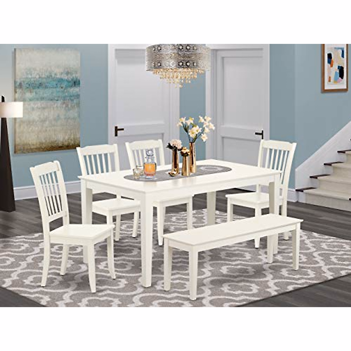East West Furniture CADA6-LWH-W Capri 6 Piece Set Contains a Rectangle Kitchen Table and 4 Dining Chairs with a Bench, 36x60 Inch, Linen White