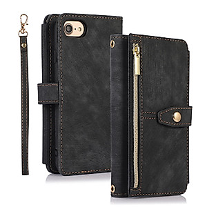 UEEBAI Case for iPhone 7 Plus/iPhone 8 Plus, 9 Card Slots Retro Leather Wallet Shockproof Flip Cover with Hand Strap Card Slots Zipper Pocket Kickstand Handbag Magnetic Closure - Retro Black