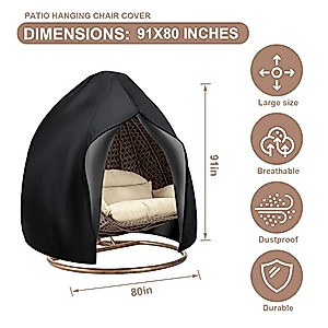 skyfiree Patio Hanging Chair Cover 91X80 inches Large Double Wicker Egg Chair Cover Waterproof Garden Outdoor Swing Chair Pod Chair Swingasan Cover Black