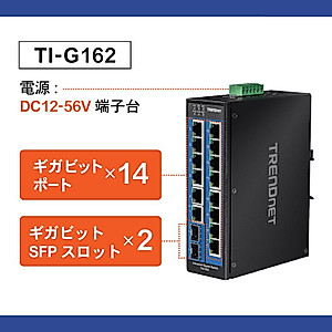 TRENDnet 16-Port Hardened Industrial Unmanaged Gigabit DIN-Rail Switch, TI-G162, 14 x Gigabit Ports, 2 x Gigabit SFP Slots,32Gbps Switching Capacity, IP30 Ethernet Network Switch, Lifetime Protection