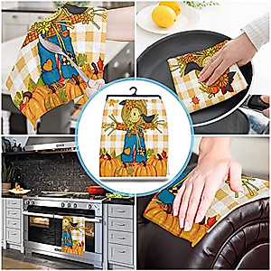 Kitchen Towels Reversible for Drying Dishes, Thanksgiving Scarecrow Maple Leaf Fall Pumpkin Set of 2 Dishcloths Cotton Hand Towels, Absorbent Dish Towels for Kitchen Counter Tea Towels 18"x 28"