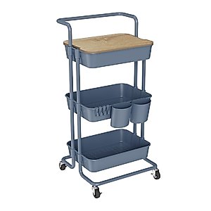 DTK 3 Tier Utility Cart with Cover Board, Rolling Cart with Lockable Wheels, Cups, Hooks for Home Office, Art Craft Storage, Home School Organization and More Uses(Blue)