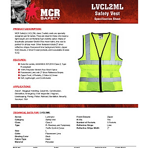 MCR Safety LVCL2MLM Ladies Sized Class 2 Lightweight Safety Vest, Silver Reflective Stripe, Zipper Front, Lime, Medium