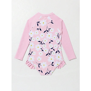 SweatyRocks Girl's Cute Floral Print Long Sleeve Mock Neck Zip Front One Piece Monokini Swimsuit Blue 6Y