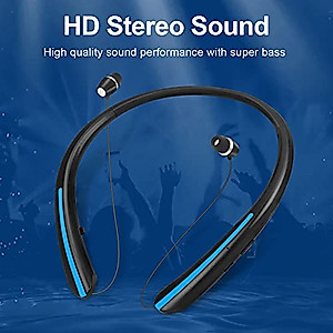 Bluetooth Headphones Retractable, Wireless Neckband Headset with Sweatproof Stereo Earbuds CVC 8.0 Noise Cancelling Call Vibrate Alert Earphones (Blue)