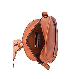 Handmade Vintage Leather Crossbody Bag Women/Teen Girls Satchel Handbag Round Messenger Sling Bags, 10 Inch Small, Brown
