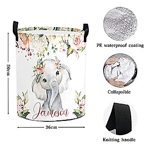 Personalized Laundry Basket for Boys Girls with Name Flowers Custom Baby Laundry Hamper with Handle Collapsible Clothes Storage Bathroom Living Room Bedroom Decor (Baby Elephant)