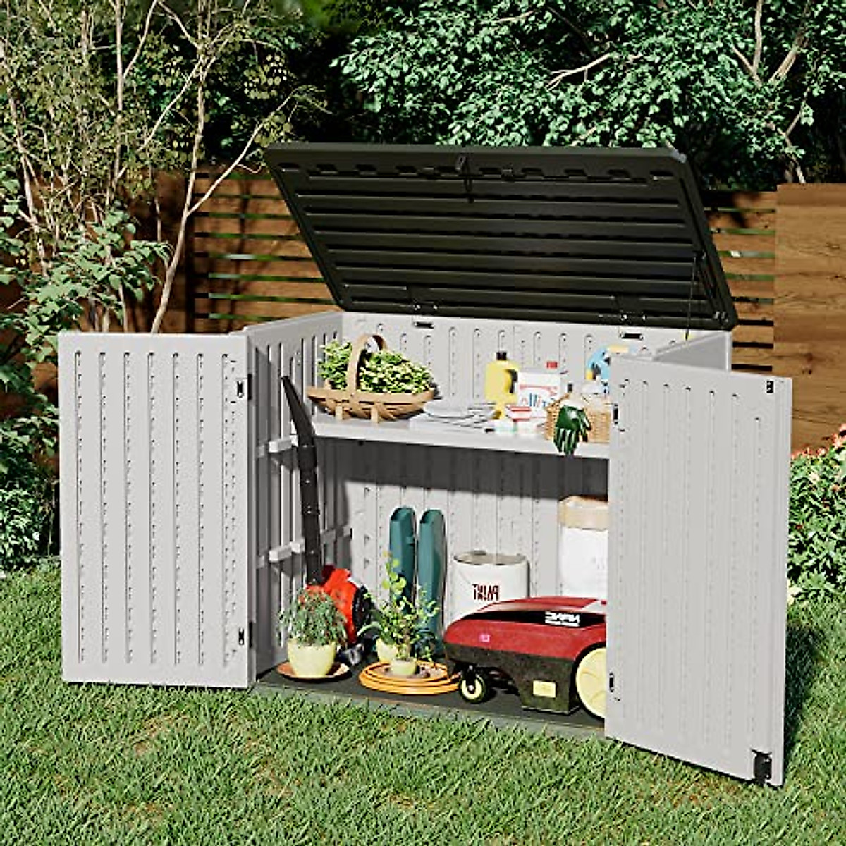 Greesum Outdoor Horizontal Resin Storage Sheds 34 Cu. Ft. Weather Resistant Resin Tool Shed, Extra Large Capacity Weather Resistant Box for Bike, Garbage Cans, Lawnmowe, Without Divider