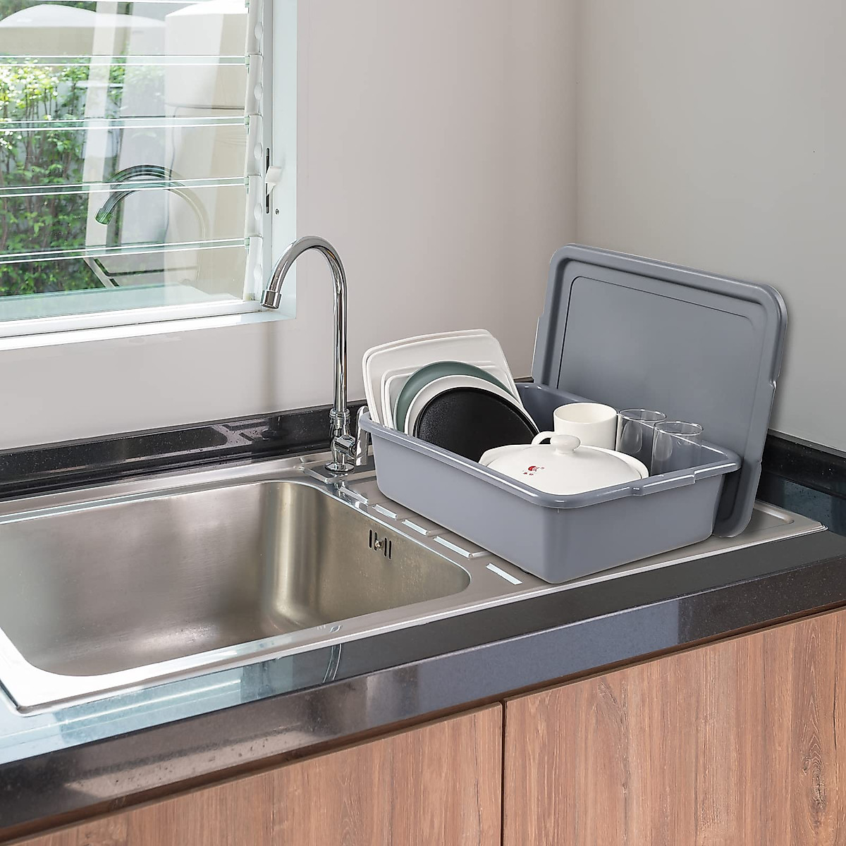 Lesbin 3-Pack 13 L Plastic Commercial Tote Box with Lid, Bus Tubs/Bus Box, Gray