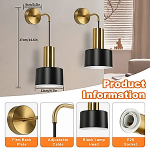 Set of 2 Battery Operated Wall Sconces, Wireless Wall Lights with Remote, Black & Gold Dimmable Wall Lamps with 3000K/4000K/6000K LED Bulbs, Modern Sconces Wall Decor for Bedroom Living Room Hallway