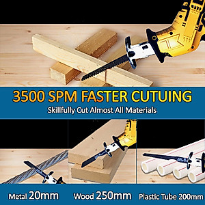 Reciprocating Saw Compatible with DeWalt 20V Battery, Brushless Power Cordless Recipro Saw, 0-3500SPM Variable Speed, Tool-free Blade Change, 4 Saw Blades Kit for Wood/Metal/PVC Cutting, Tool Only