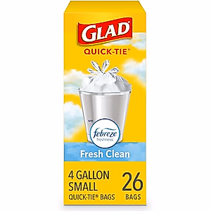 Glad OdorShield Small Trash Bags, Febreze Fresh Clean, 4 Gal, 26 Ct (Package May Vary)