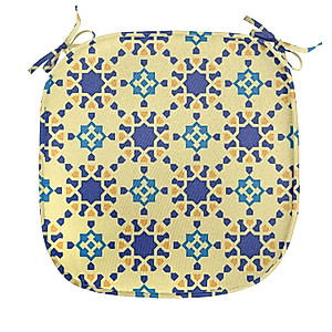 Ambesonne Ethnic Chair Seating Cushion Set of 8, Moroccan Ceramic Motif with Persian Folk Effects Antique Design, Anti-Slip Seat Padding for Kitchen & Patio, 16"x16", Violet Blue Yellow