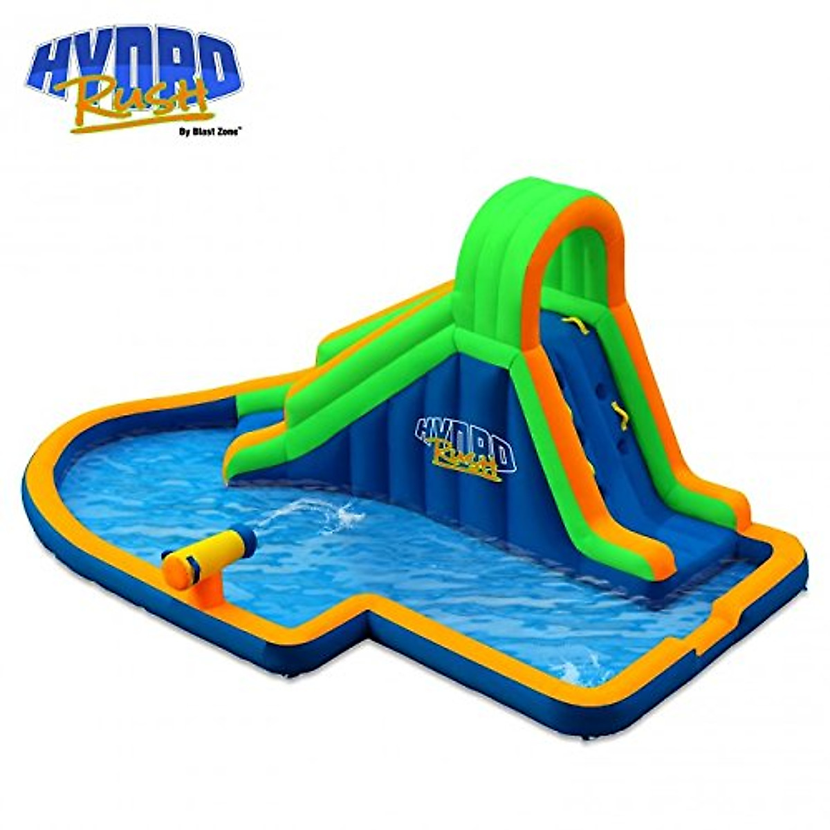 Blast Zone Hydro Rush - Inflatable Water Park with Blower - Curved Slide - Splash Area - Water Cannon - Climbing Wall