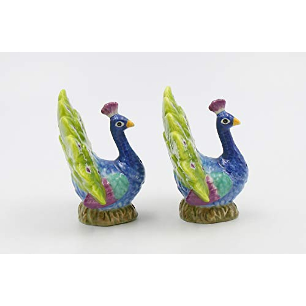 Fine Porcelain Peacock Open Fan Tail Salt & Pepper Shakers Set, 3-1/8" H
