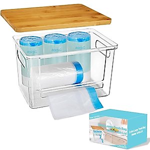 Riian Trash Bag Dispenser, Holder & Organizer with Bamboo Top, Acrylic Storage Container for Under Sink Bag Storage (1pc, Holds 100 Bags, 1300 Gallons)