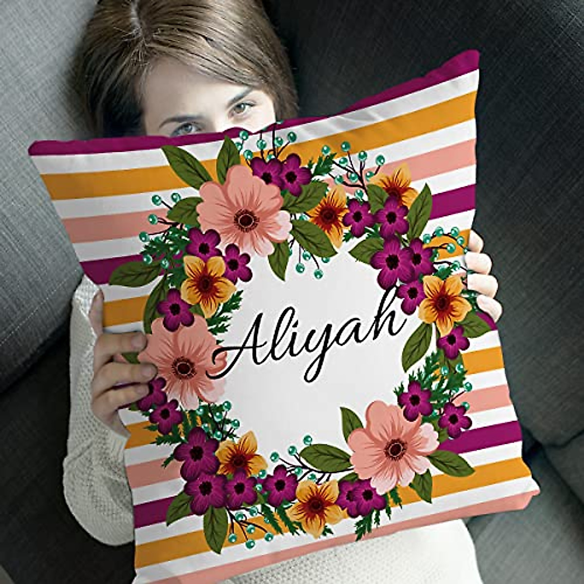 IWKWUZILM Custom Gifts Personalized Floral Pillow |10 Designs| Flower Pillow with Name Custom Name Pillow Cover Gifts for Girls - Christmas Mother's Day Birthday Gift idea (Mix Color, 18inX18in)