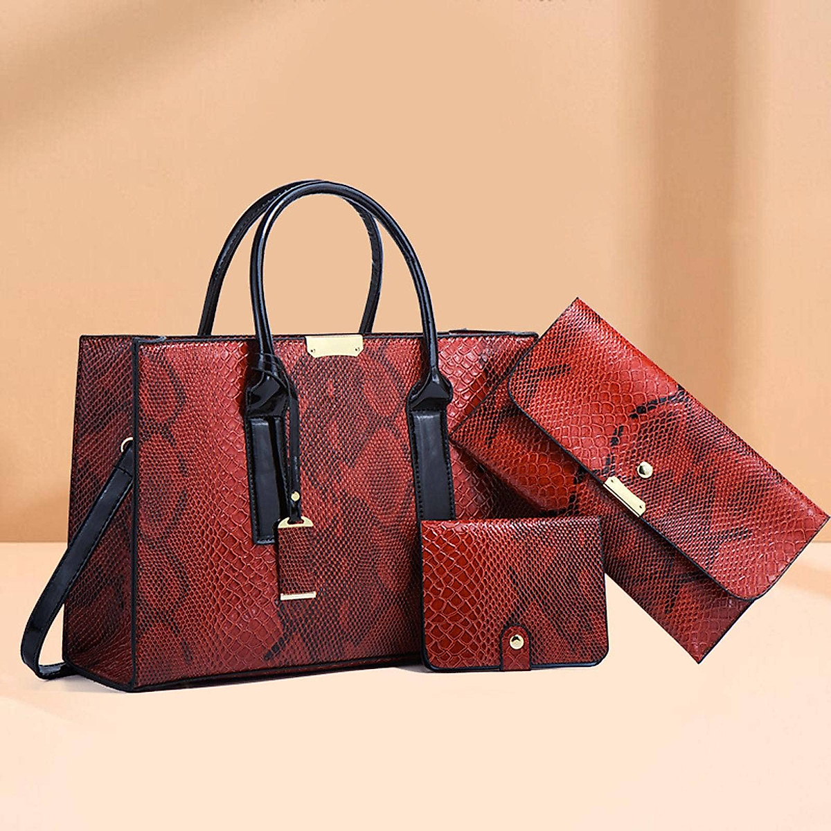 NC Snakeskin Pattern Female Bag Fashion Trend Diagonal Handbag Retro Large-Capacity Four-Piece Bag, Red