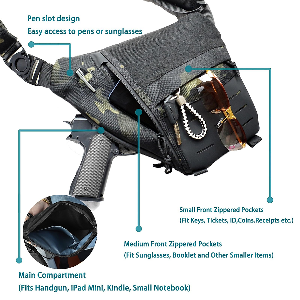 WCALULEG Tactical Crossbody Sling Bag for Men Women Anti-Theft CCW Sling Bag EDC Carry (Black Camo)