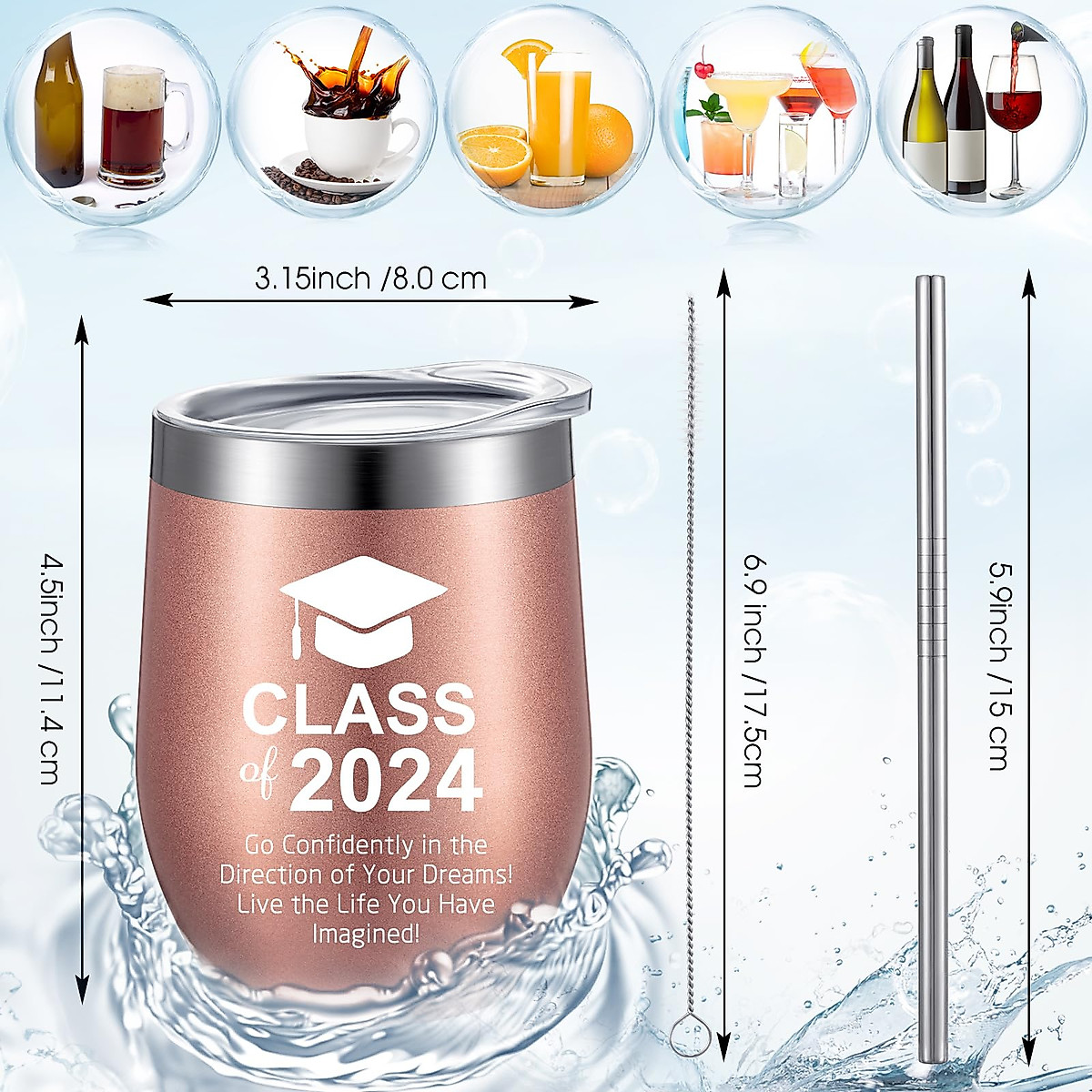 Patelai Class of 2024 Gifts for Graduates 2024, Ideal Graduation Gifts for Her Him High School College Graduation Daughter Friends Graduation 12oz Wine Tumbler, Keychain, Bag (Rose Gold,3 Pcs)