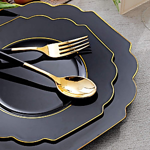 supernal 60pcs Black Plastic Plates,Black and Gold Plates Baroque,Gold Plates Plastic,Include 30 Plastic Dinner Plates,30 Appetizer Plates,Suit For Party, Birthday, Wedding, Easter and Monther's Day