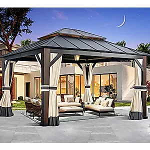 Warmally 12'×14' Hardtop Gazebo with Stable Support Posts, Outdoor Metal Gazebo with Nettings and Curtains Fast-Splicing Aluminum Structure for Patio Backyard Deck and Lawns