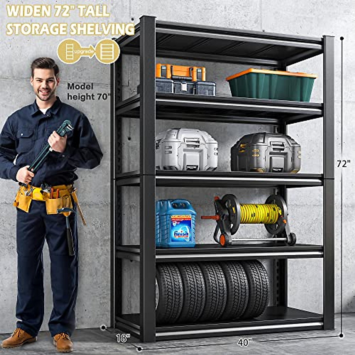 REIBII Metal Garage Shelving Heavy Duty Garage Storage Shelves, Large Wide Adjustable 5-Tier Storage Shelves, Heavy Duty Shelving Unit for Garage Pantry 2050 LBS Capacity, 4 Pack, Black